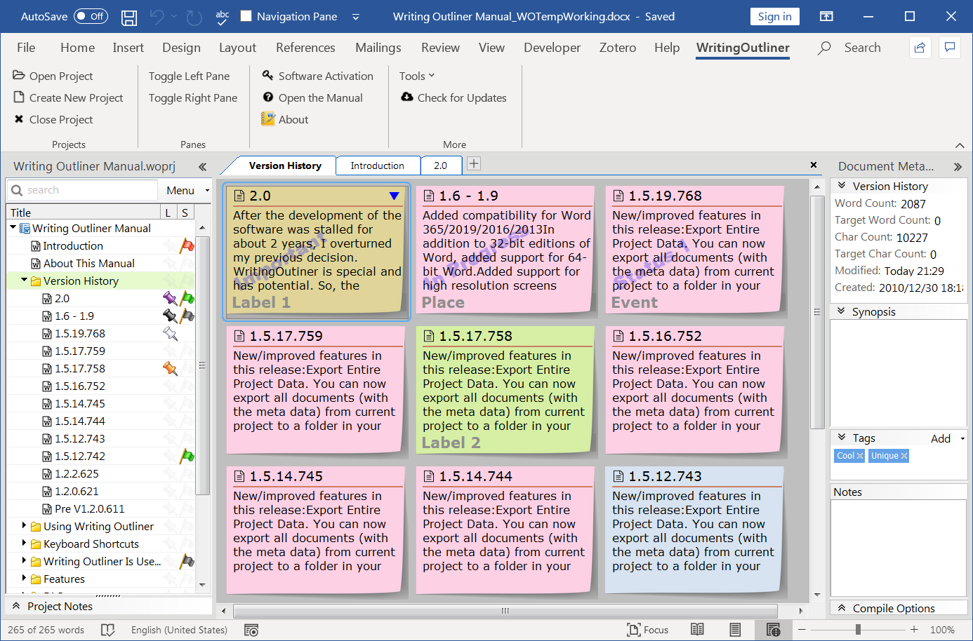 Outliner software and document organizer for MS Word